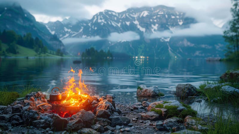 Bonfire on the Shore of a Mountain Lake in the Evening Stock Photo ...