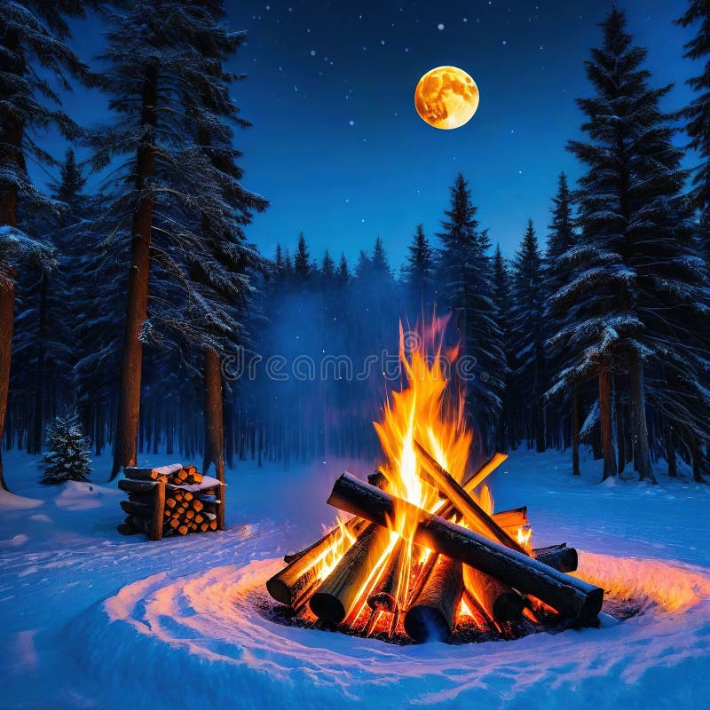 A Bonfire in a Snowy Forest at Night with a Moon in the Stock ...