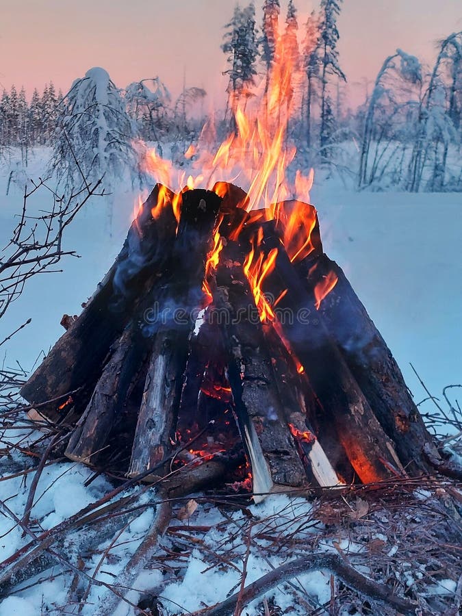 Bonfire in Swedish Winter Landscape at Dusk Stock Image - Image of cool ...