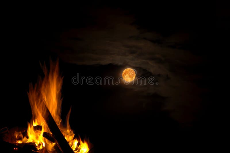 Bonfire Under the Moon.Black Background. Stock Image - Image of fire ...