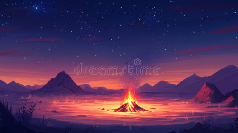 A Bonfire Under a Starry Night in a Desert Landscape Stock Illustration ...