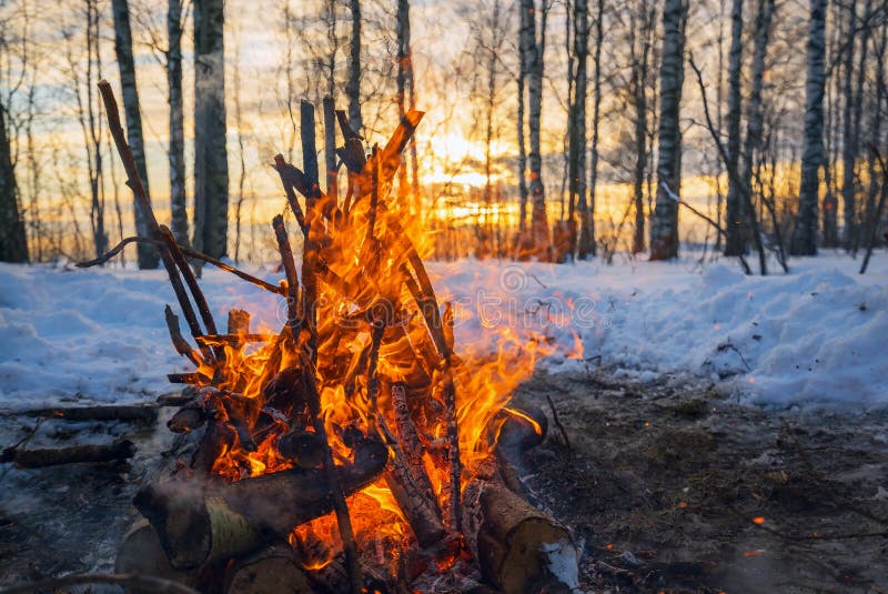 Bonfire Winter in the Forest at Sunset . Stock Image - Image of hipster ...