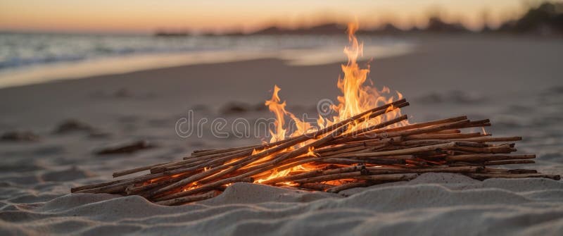 Bonfire of Wooden Sticks in the Middle of a Beautiful Beach. Stock ...