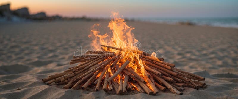 Bonfire of Wooden Sticks in the Middle of a Beautiful Beach. Stock ...