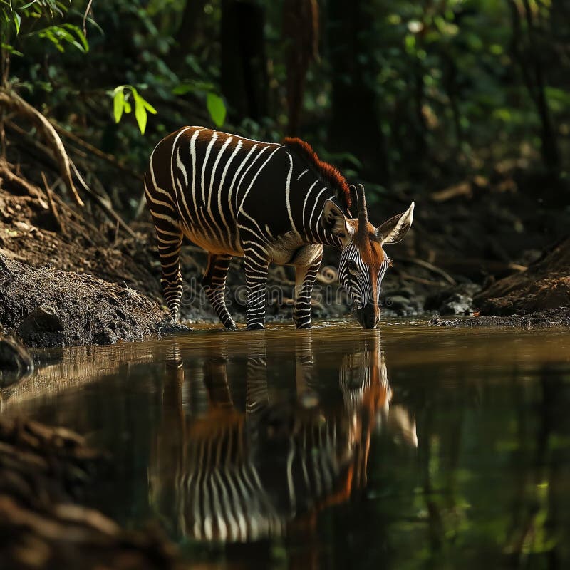 Bongo Antelope Drinking Water from a Stream in a Dense Forest Stock ...