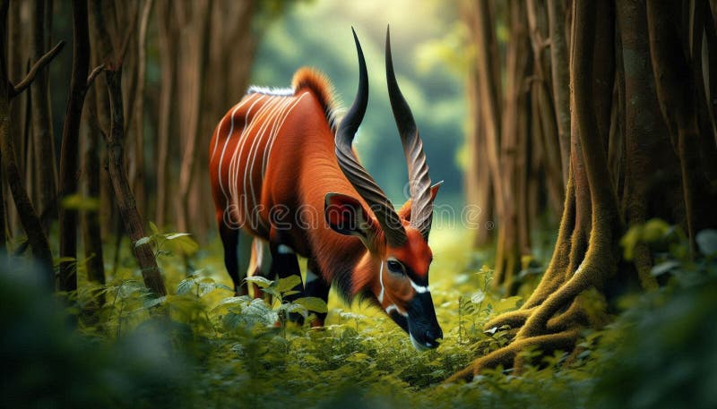 Bongo Antelope Grazing in Dense Forest Stock Illustration ...