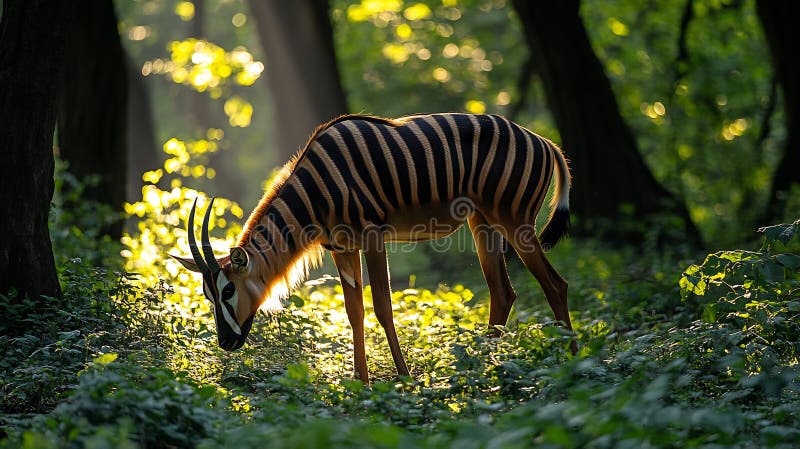 Bongo Grazing in Sunlit Forest Clearing Glowing Against Lush Foliage ...