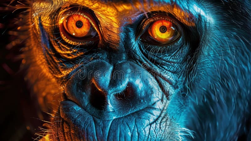Bonobo Monkey Starring with Intense Orange Eyes in Dramatic Lighting ...