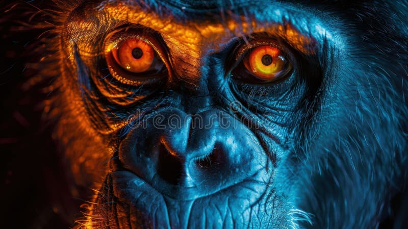 Bonobo Monkey Starring with Intense Orange Eyes in Dramatic Lighting ...