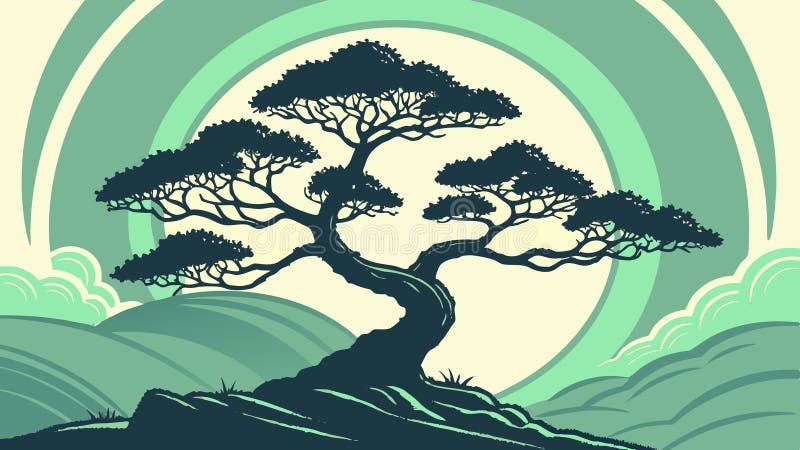 Bonsai Blue Horizon: Serene Tree in a Peaceful Landscape, Vector Design ...