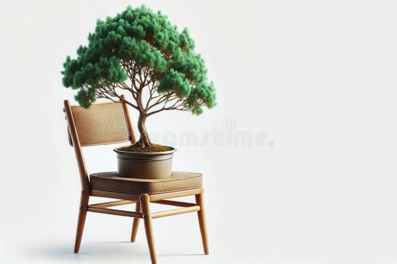 Bonsai in a Pot Stands on a Chair on a Light Background. Space for Text ...