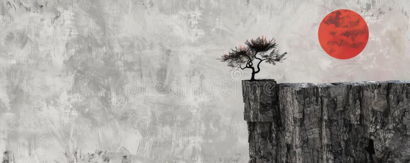 Bonsai Tree on a Cliff Edge Under a Red Sun, Minimalistic and Dramatic ...