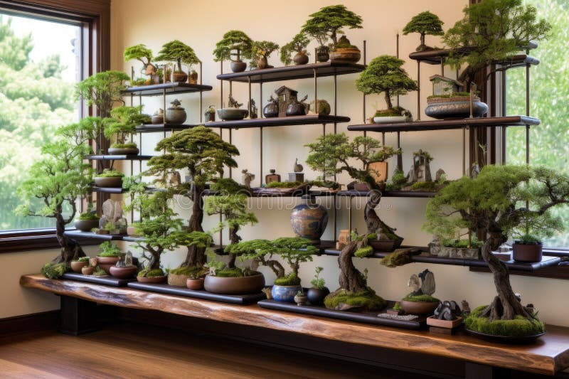 Bonsai Tree Collection Displayed on Tiered Shelves Stock Illustration ...