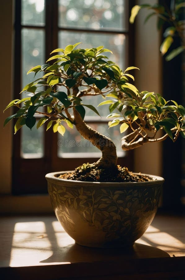 Serene Bonsai Tree in Sunlight Near Window Stock Illustration ...