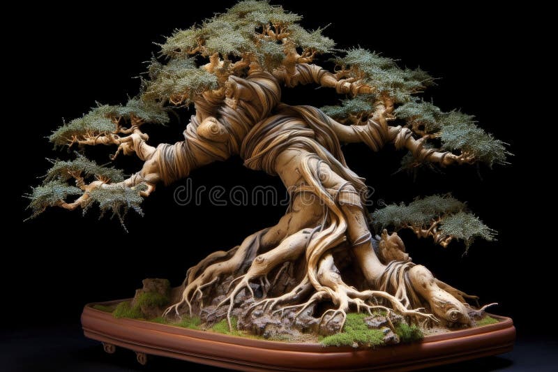 Bonsai Tree with Exposed Roots and Dramatic Cascading Branches Stock ...