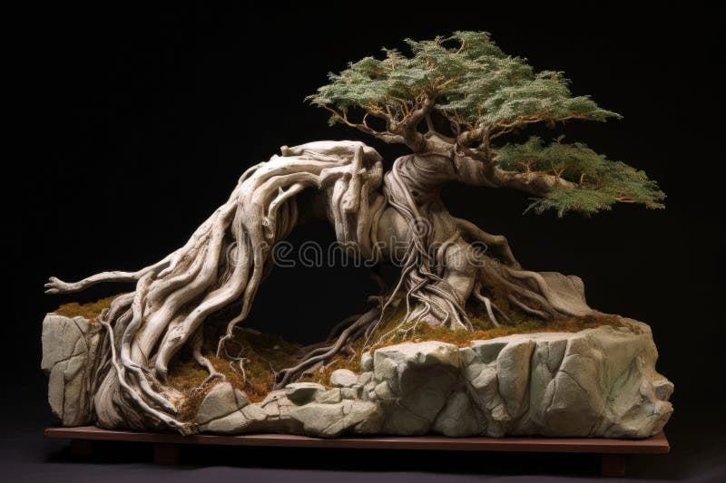 Bonsai Tree with Exposed Roots Growing Over a Rocky Surface Stock ...