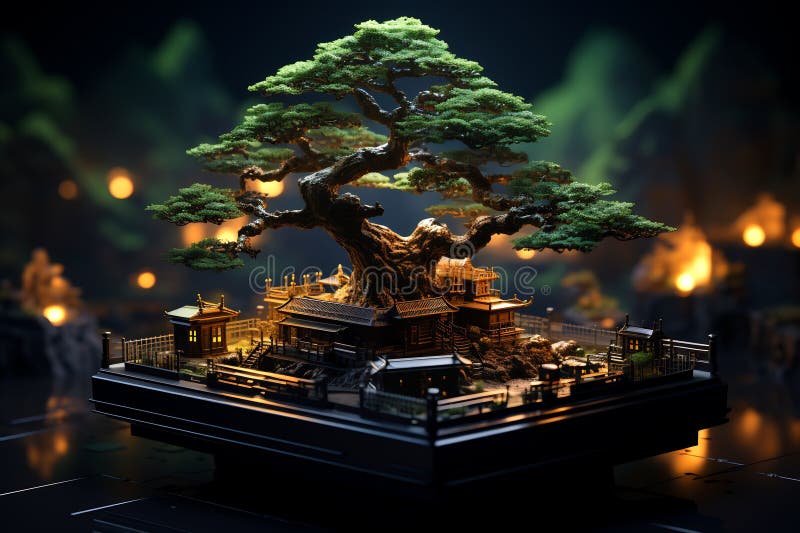 Bonsai Tree in Front of Building at Night. Generative AI Stock ...