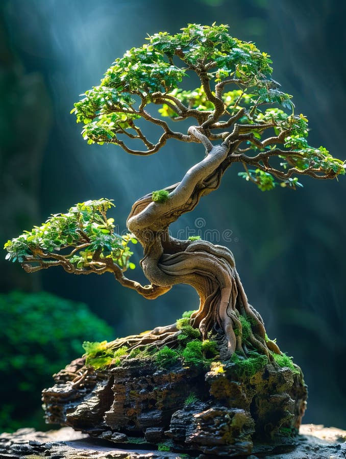 A Bonsai Tree in Front of a Waterfall Stock Image - Image of tree ...