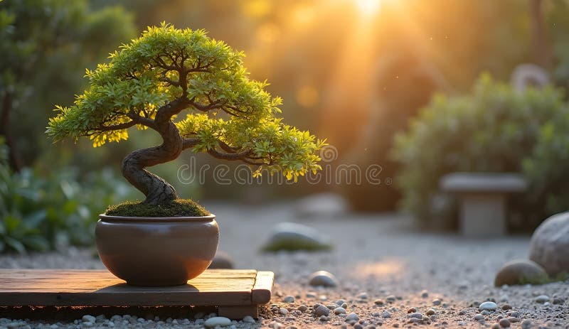 Bonsai Tree with Gracefully Curved Trunk and Glowing Tiny Leaves in ...