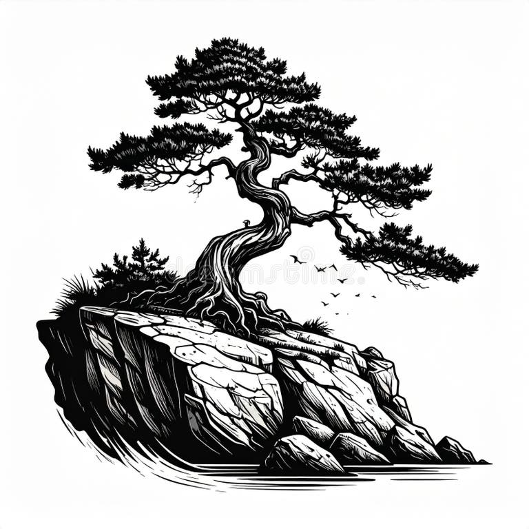 Bonsai Tree Growing on a Cliff with Detailed Root System in Black and ...
