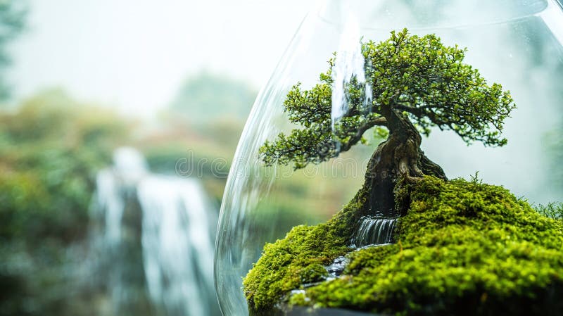 A Bonsai Tree Growing Inside a Glass Terrarium with Tiny Waterfalls and ...