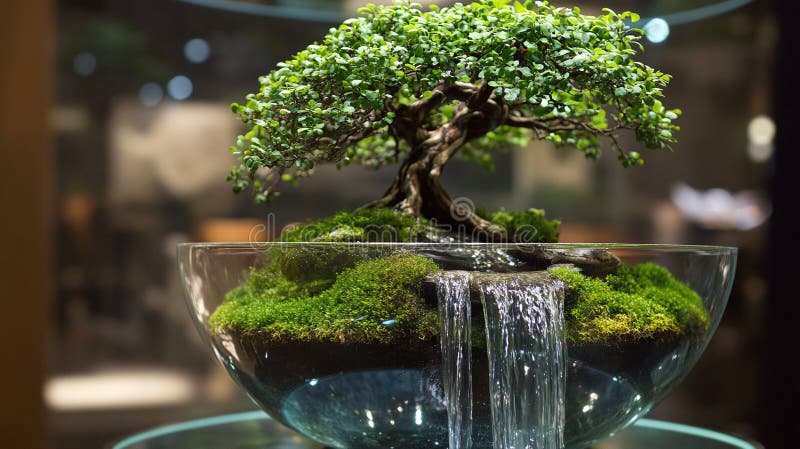 A Bonsai Tree Growing Inside a Glass Terrarium with Tiny Waterfalls and ...
