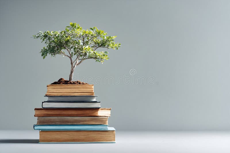 Bonsai Tree Growing on Stack of Books - Education and Sustainable ...