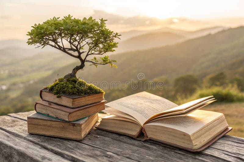Bonsai Tree Growing on a Stack of Books with an Open Book on World Book ...