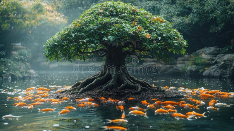 A Bonsai Tree Grows from an Island in a Pond Surrounded by Goldfish ...