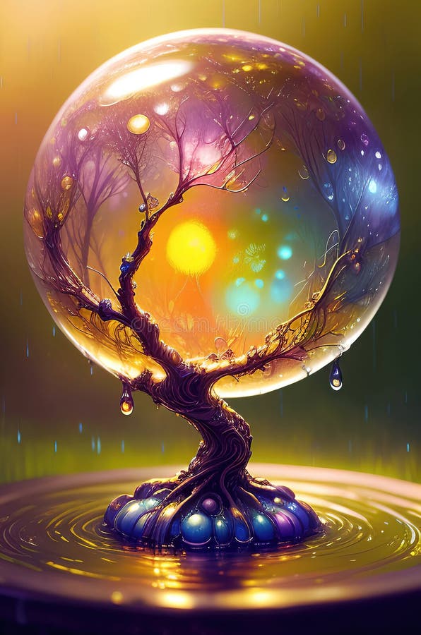 A Bonsai Tree Inside a Glass Ball with Water Drops Illustration ...