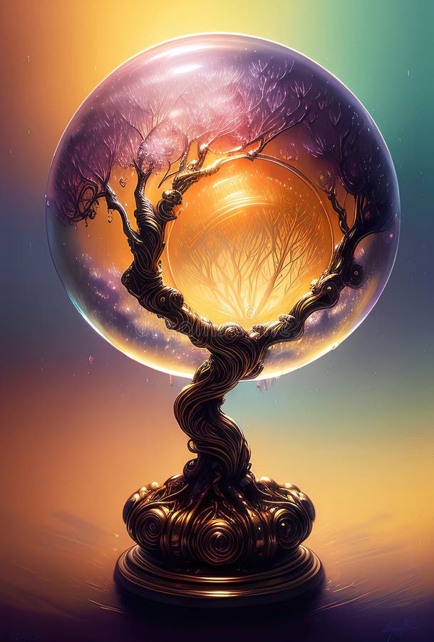 A Bonsai Tree Inside a Glass Ball with Water Drops Illustration ...