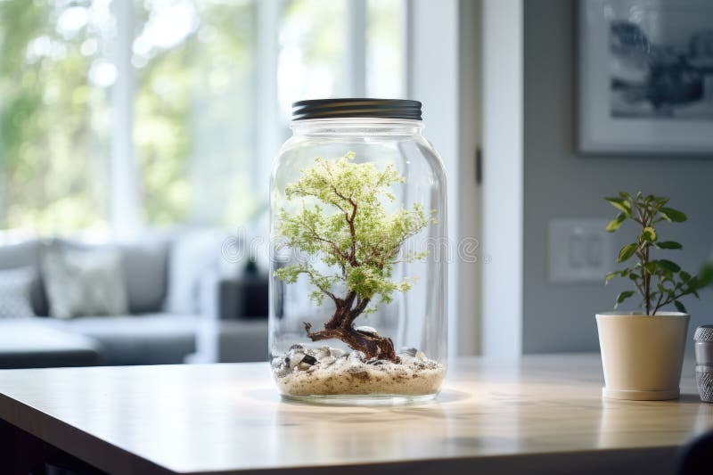 A Bonsai Tree in a Jar, on a Table, with a Couch and Window in the ...