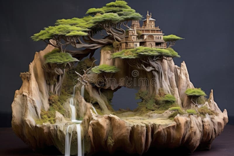 Bonsai Tree with Miniature Waterfall and Rock Formation Stock ...
