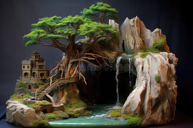 Bonsai Tree with Miniature Waterfall and Rock Formation Stock ...
