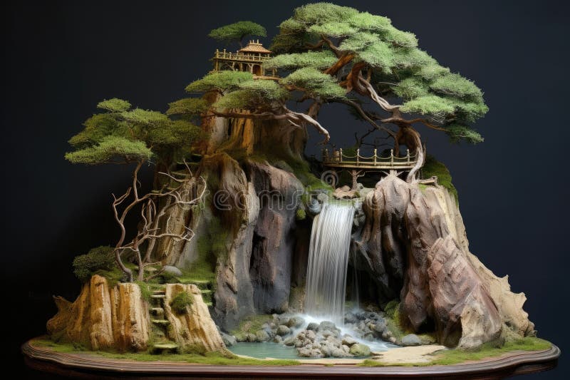 Bonsai Tree with Miniature Waterfall and Rock Formation Stock ...