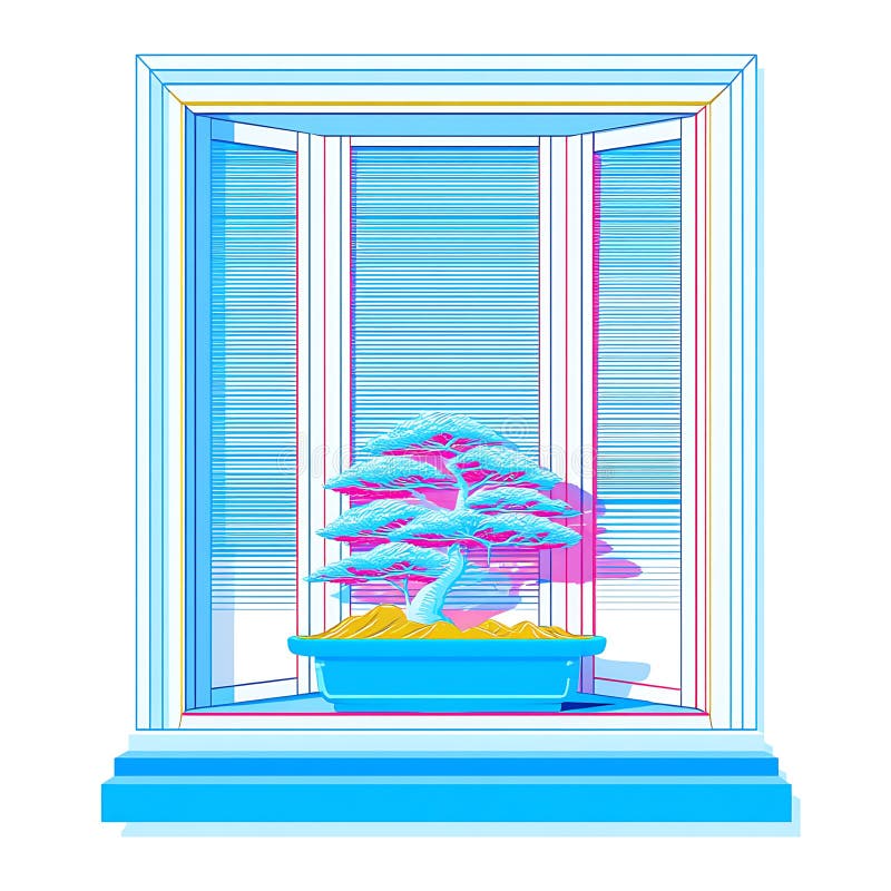 Bonsai Tree in a Modern Window Sill Artistic Illustration Stock ...