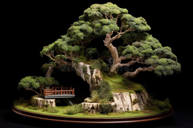 Bonsai Tree with Moss-covered Base and Miniature Landscape Stock ...