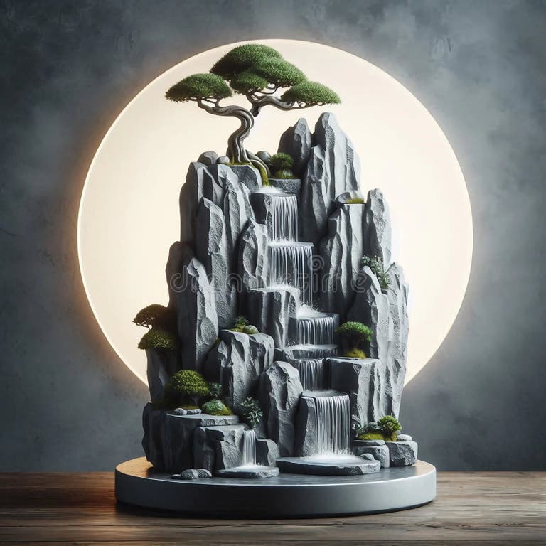 A Bonsai Tree and Multi-tiered Waterfall Sculpted in a Harmonious ...