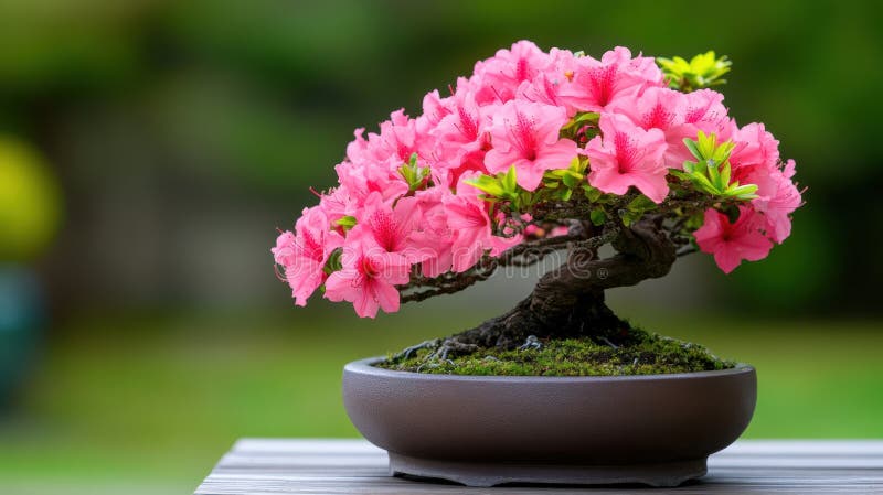 A Bonsai Tree with Pink Flowers in a Pot on Top of Table, AI Stock ...