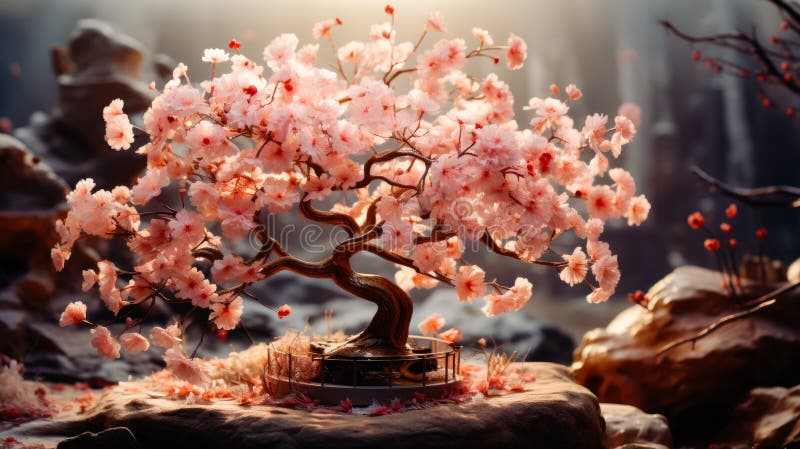 Bonsai Tree with Pink Flowers on Top of Rock. Generative AI Stock ...