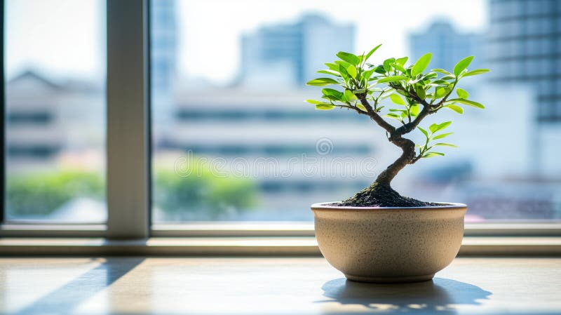 Bonsai Tree in a Pot on a Window Sill in the Interior of the Room Stock ...