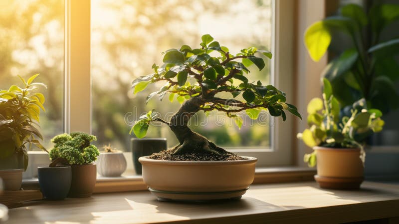 Bonsai Tree in a Pot on a Window Sill in the Interior of the Room Stock ...