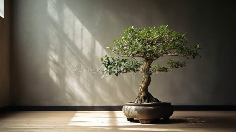 Bonsai Tree in Pot on the Wooden Floor with Light and Shadow. Stock ...