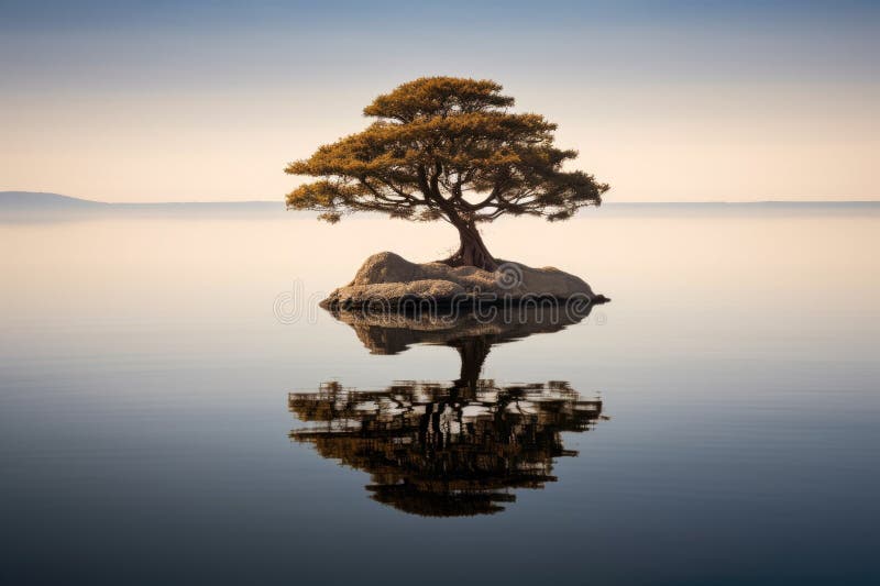 Bonsai Tree Reflecting in a Calm Water Surface, Creating a Tranquil ...
