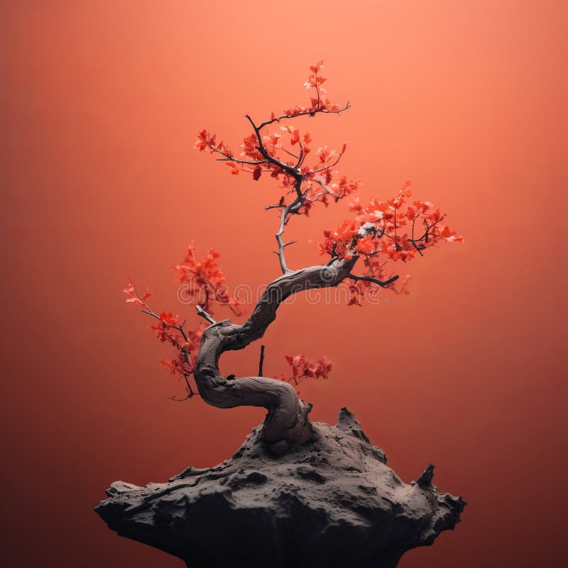 A Bonsai Tree on a Rock in Front of an Orange Background Stock ...