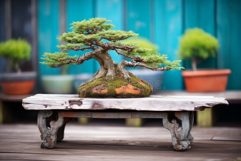 Bonsai Tree on a Rustic Wooden Outdoor Bench Stock Image - Image of ...