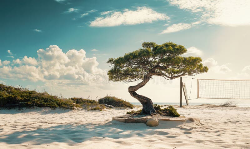 Bonsai Tree on Sandy Beach with Volleyball Net and Cloudy Sky Stock ...