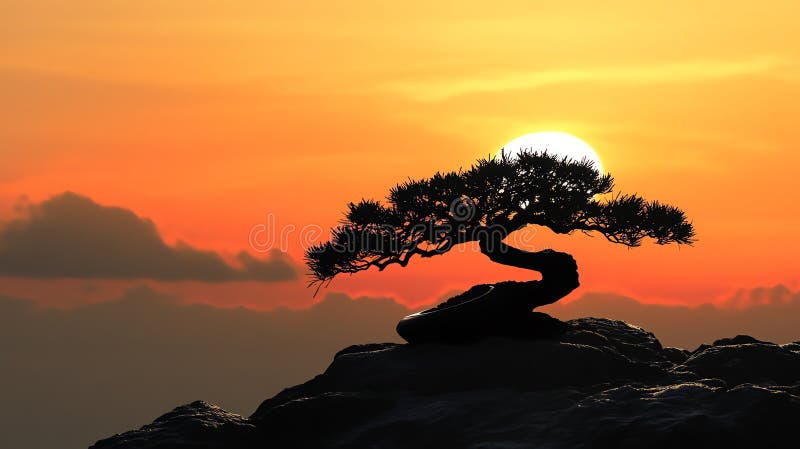 Bonsai Tree Silhouette at Sunset Stock Illustration - Illustration of ...