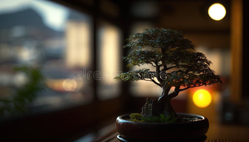 A Bonsai Tree is Sitting on a Table in Front of a Window. Generative Ai ...