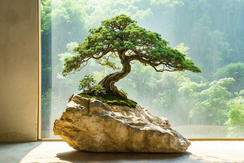 A Bonsai Tree Sitting on Top of a Large Rock in Front of a Window Stock ...